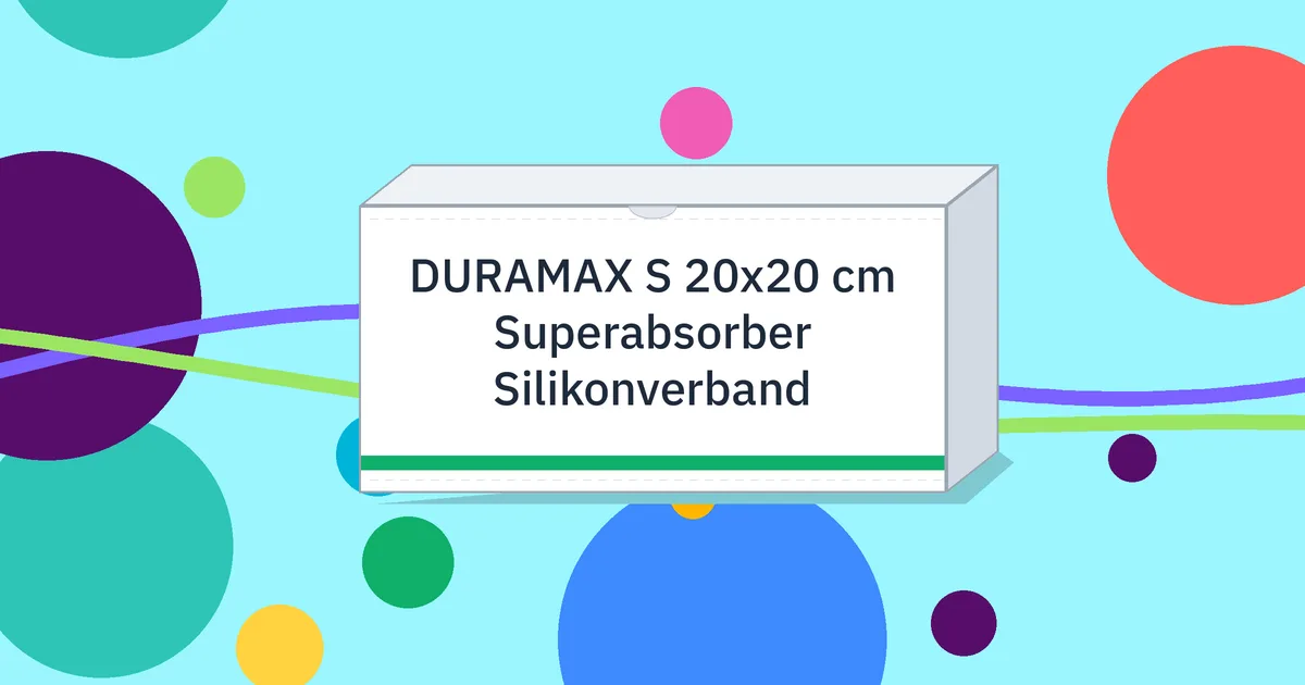 Symbolbild: Packung mit der Aufschrift DURAMAX S 20x20 cm Superabsorber Silikonverband (PZN 19825602) – Verfügbarkeit und Bezug in Apotheken in Frankfurt am Main