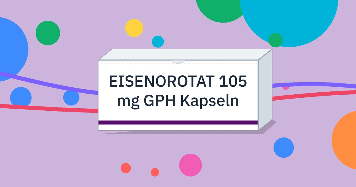 Symbolbild: Packung mit der Aufschrift EISENOROTAT 105 mg GPH Kapseln (PZN 16935454) – Verfügbarkeit und Bezug in Apotheken in Frankfurt am Main