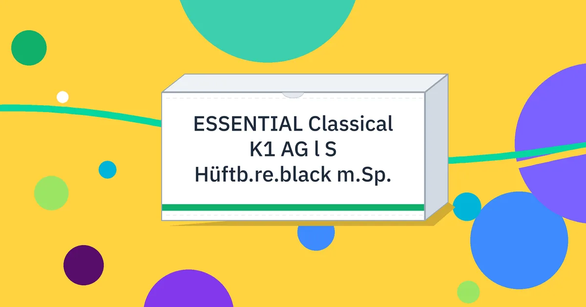 Symbolbild: Packung mit der Aufschrift ESSENTIAL Classical K1 AG l S Hüftb.re.black m.Sp. (PZN 17013573) – Verfügbarkeit und Bezug in Apotheken in Frankfurt am Main