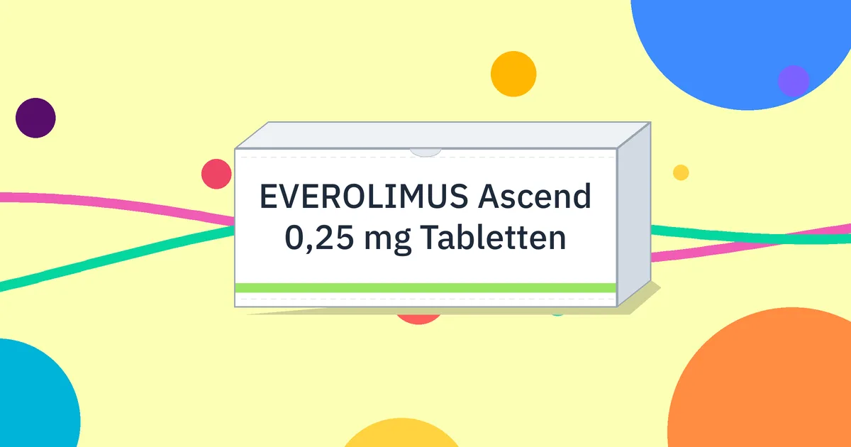Symbolbild: Packung mit der Aufschrift EVEROLIMUS Ascend 0,25 mg Tabletten (PZN 18425645) – Verfügbarkeit und Bezug in Apotheken in Frankfurt am Main