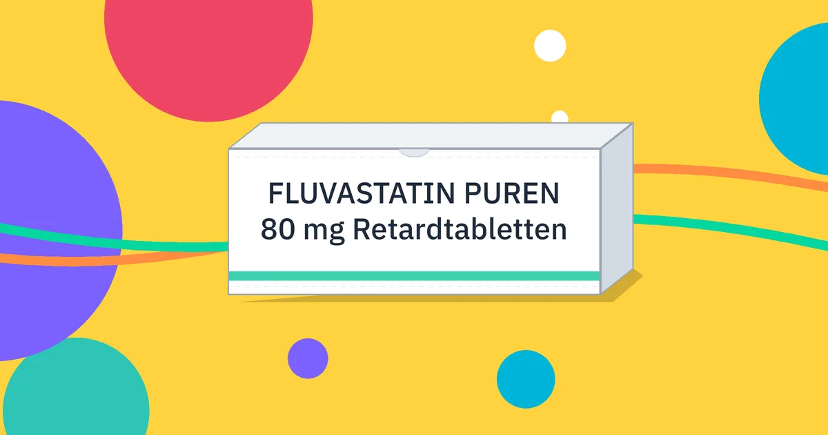 Symbolbild: Packung mit der Aufschrift FLUVASTATIN PUREN 80 mg Retardtabletten (PZN 11354876) – Verfügbarkeit und Bezug in Apotheken in Frankfurt am Main