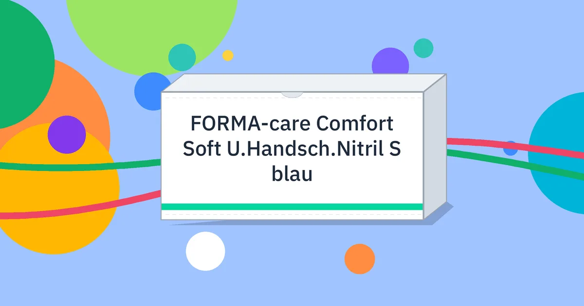 Symbolbild: Packung mit der Aufschrift FORMA-care Comfort Soft U.Handsch.Nitril S blau (PZN 11642635) – Verfügbarkeit und Bezug in Apotheken in Frankfurt am Main