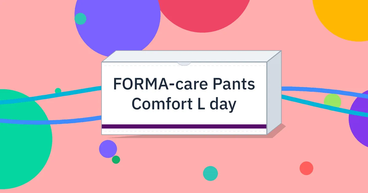 Symbolbild: Packung mit der Aufschrift FORMA-care Pants Comfort L day (PZN 19188673) – Verfügbarkeit und Bezug in Apotheken in Frankfurt am Main