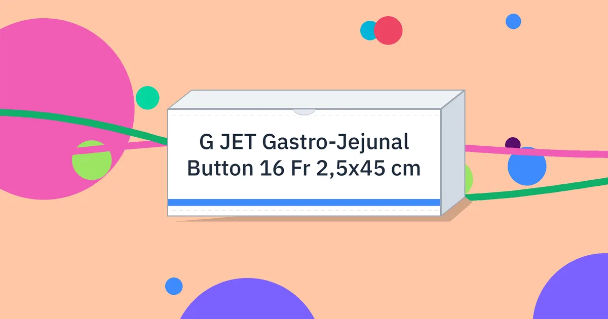 Symbolbild: Packung mit der Aufschrift G JET Gastro-Jejunal Button 16 Fr 2,5x45 cm (PZN 14346920) – Verfügbarkeit und Bezug in Apotheken in Frankfurt am Main