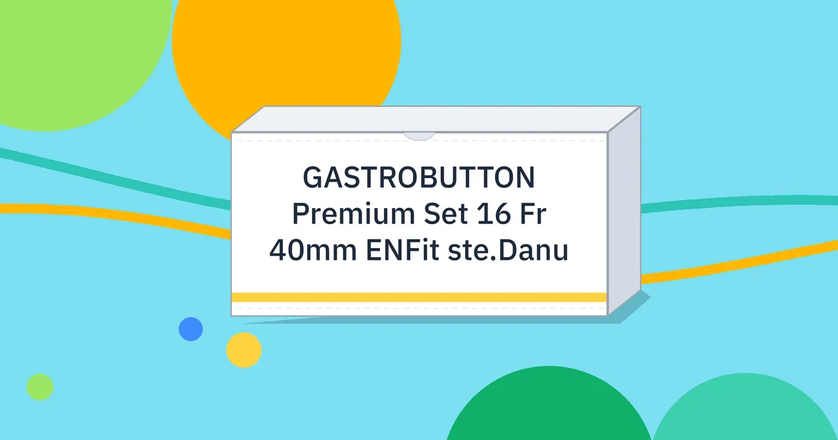 Symbolbild: Packung mit der Aufschrift GASTROBUTTON Premium Set 16 Fr 40mm ENFit ste.Danu (PZN 16883674) – Verfügbarkeit und Bezug in Apotheken in Frankfurt am Main