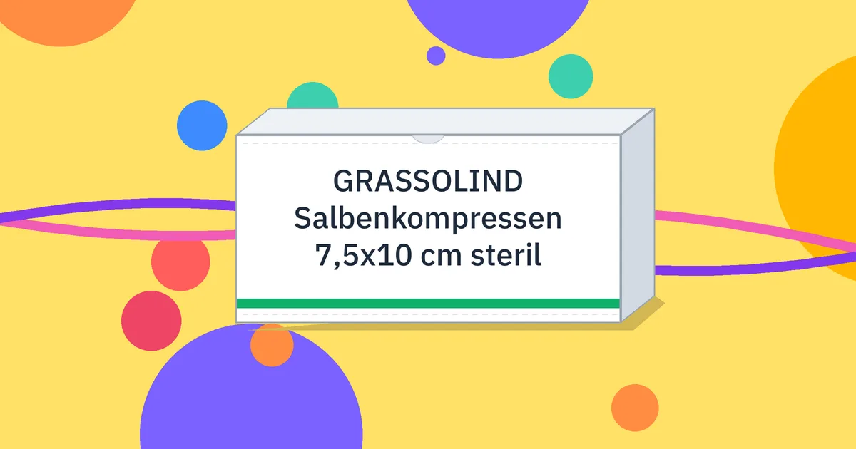 Symbolbild: Packung mit der Aufschrift GRASSOLIND Salbenkompressen 7,5x10 cm steril (PZN 19158695) – Verfügbarkeit und Bezug in Apotheken in Frankfurt am Main