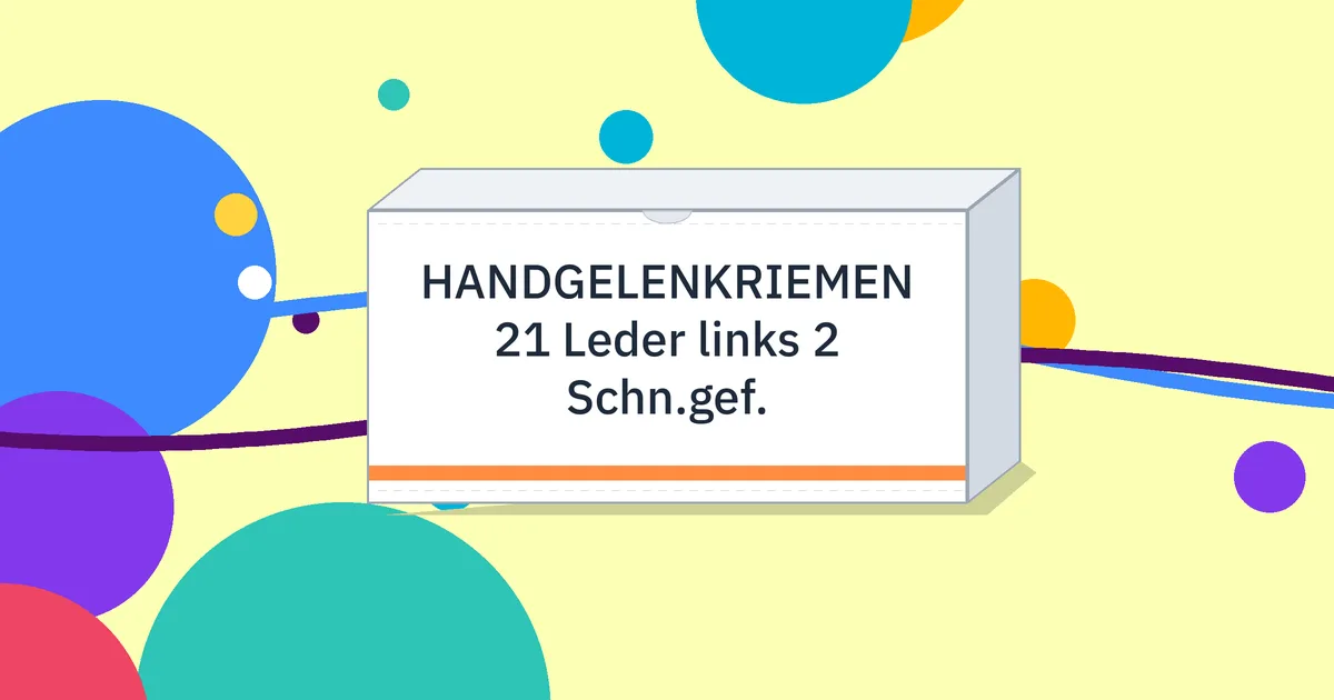 Symbolbild: Packung mit der Aufschrift HANDGELENKRIEMEN 21 Leder links 2 Schn.gef. (PZN 03230410) – Verfügbarkeit und Bezug in Apotheken in Frankfurt am Main