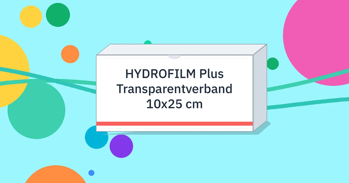 Symbolbild: Packung mit der Aufschrift HYDROFILM Plus Transparentverband 10x25 cm (PZN 10185555) – Verfügbarkeit und Bezug in Apotheken in Frankfurt am Main