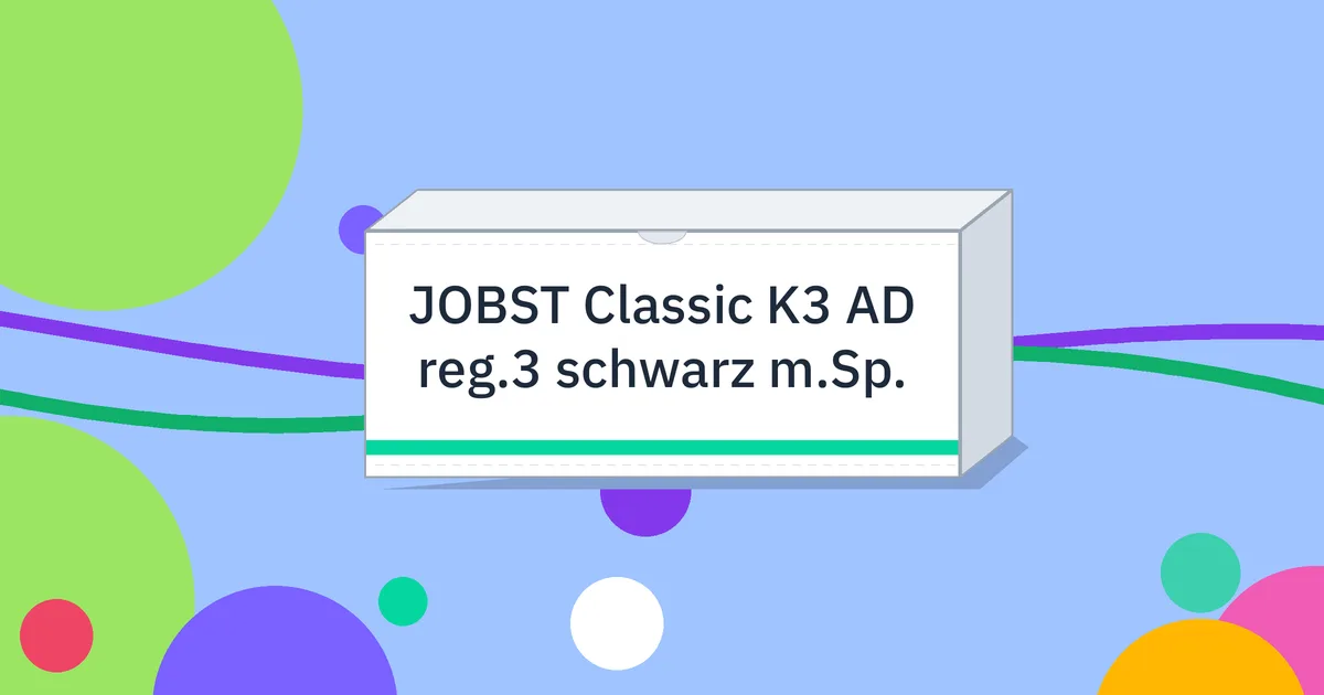 Symbolbild: Packung mit der Aufschrift JOBST Classic K3 AD reg.3 schwarz m.Sp. (PZN 13071071) – Verfügbarkeit und Bezug in Apotheken in Frankfurt am Main
