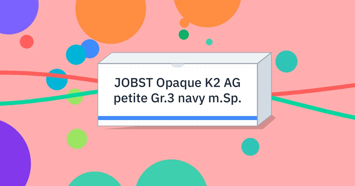 Symbolbild: Packung mit der Aufschrift JOBST Opaque K2 AG petite Gr.3 navy m.Sp. (PZN 13112048) – Verfügbarkeit und Bezug in Apotheken in Frankfurt am Main