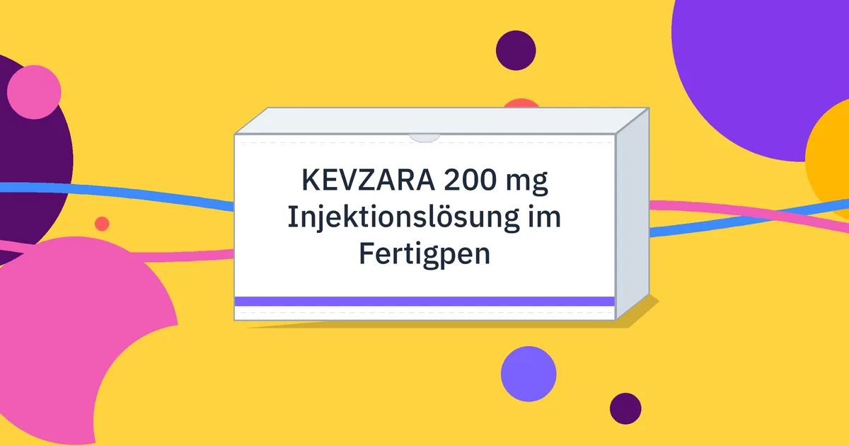 Symbolbild: Packung mit der Aufschrift KEVZARA 200 mg Injektionslösung im Fertigpen (PZN 15391779) – Verfügbarkeit und Bezug in Apotheken in Frankfurt am Main