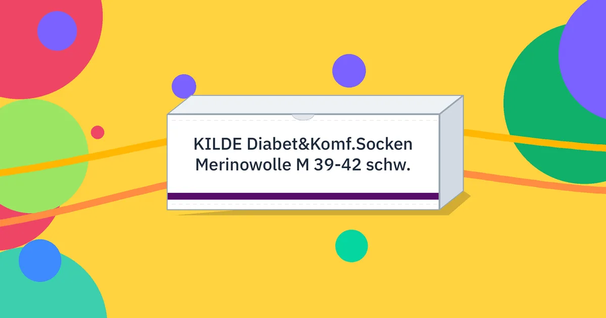Symbolbild: Packung mit der Aufschrift KILDE Diabet&Komf.Socken Merinowolle M 39-42 schw. (PZN 20798419) – Verfügbarkeit und Bezug in Apotheken in Frankfurt am Main