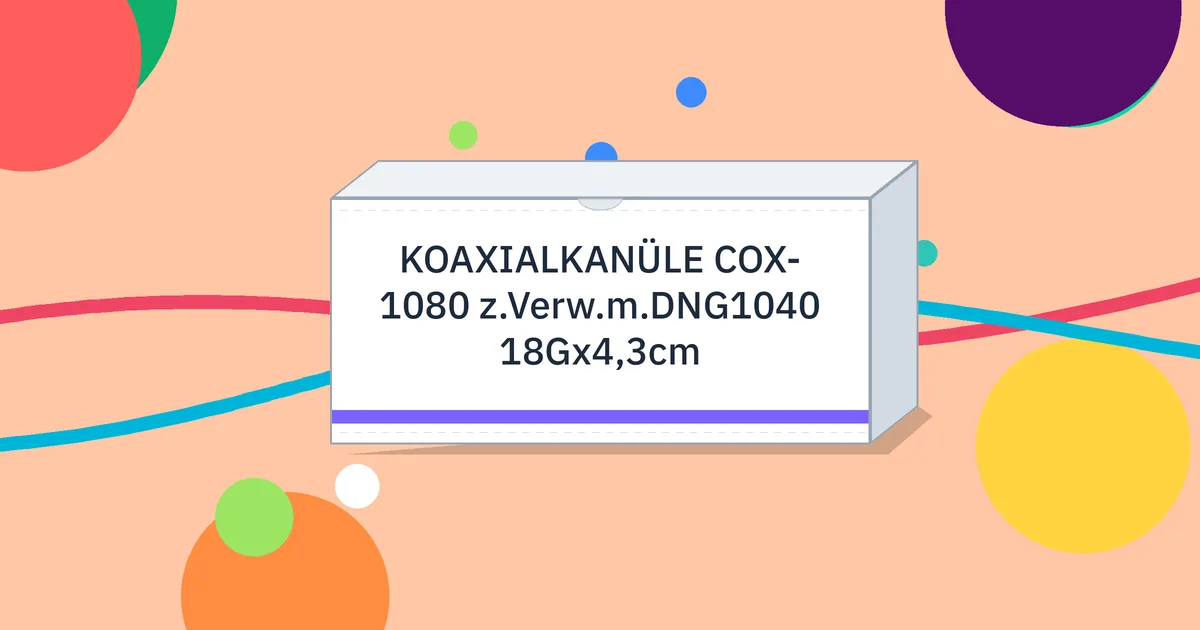 Symbolbild: Packung mit der Aufschrift KOAXIALKANÜLE COX-1080 z.Verw.m.DNG1040 18Gx4,3cm (PZN 00284575) – Verfügbarkeit und Bezug in Apotheken in Frankfurt am Main