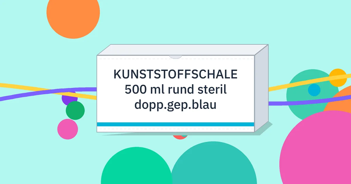 Symbolbild: Packung mit der Aufschrift KUNSTSTOFFSCHALE 500 ml rund steril dopp.gep.blau (PZN 19230263) – Verfügbarkeit und Bezug in Apotheken in Frankfurt am Main