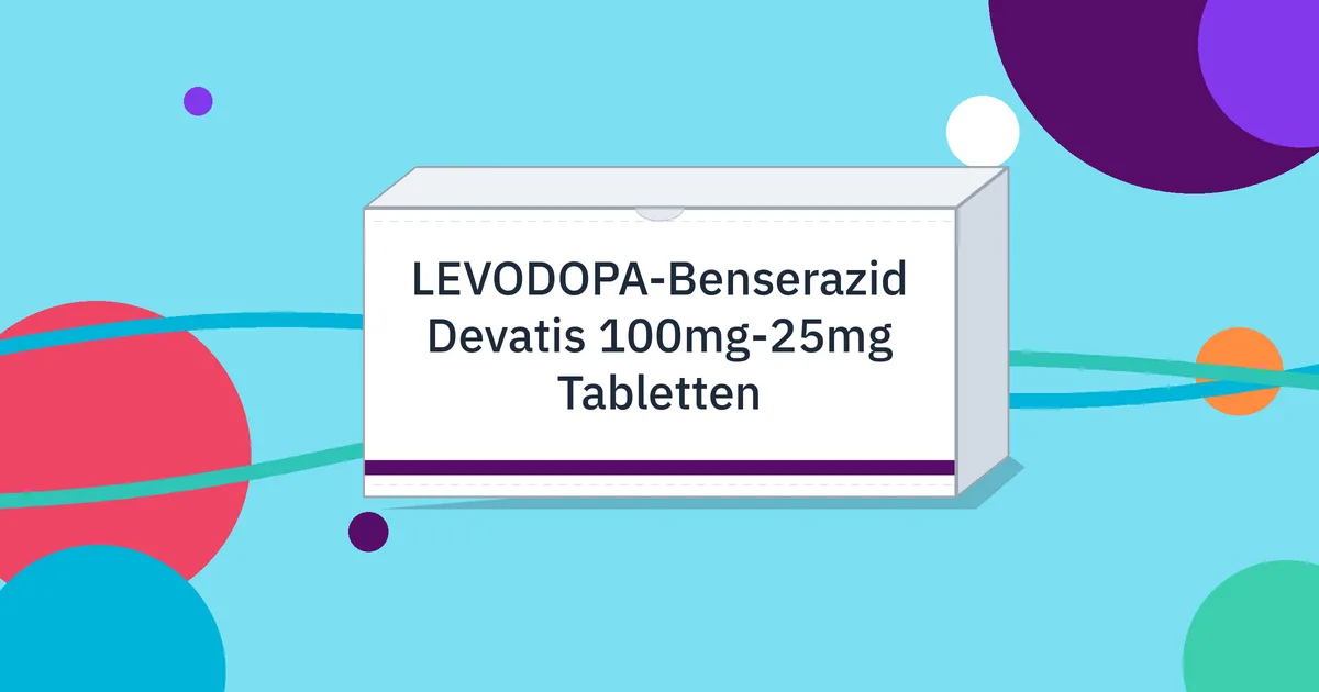 Symbolbild: Packung mit der Aufschrift LEVODOPA-Benserazid Devatis 100mg-25mg Tabletten (PZN 16856849) – Verfügbarkeit und Bezug in Apotheken in Frankfurt am Main