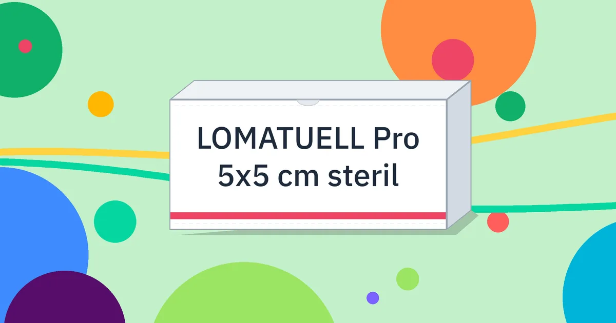 Symbolbild: Packung mit der Aufschrift LOMATUELL Pro 5x5 cm steril (PZN 16123443) – Verfügbarkeit und Bezug in Apotheken in Frankfurt am Main