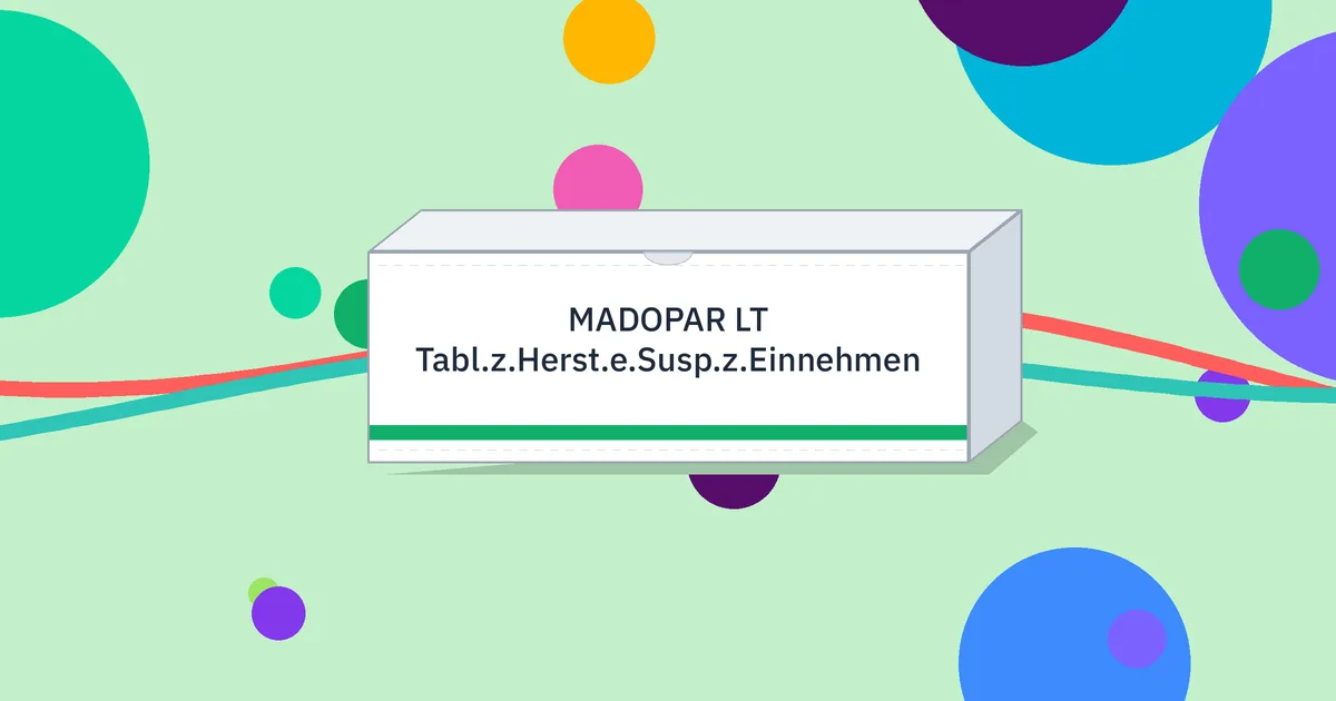 Symbolbild: Packung mit der Aufschrift MADOPAR LT Tabl.z.Herst.e.Susp.z.Einnehmen (PZN 08699784) – Verfügbarkeit und Bezug in Apotheken in Frankfurt am Main