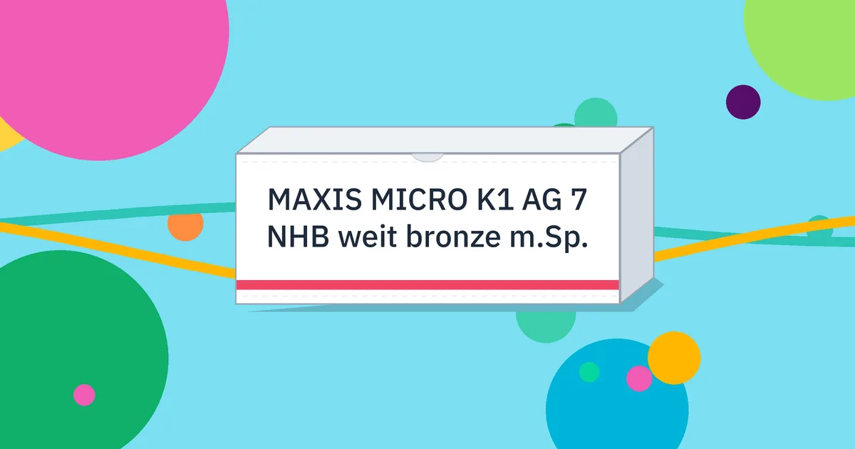Symbolbild: Packung mit der Aufschrift MAXIS MICRO K1 AG 7 NHB weit bronze m.Sp. (PZN 17672614) – Verfügbarkeit und Bezug in Apotheken in Frankfurt am Main