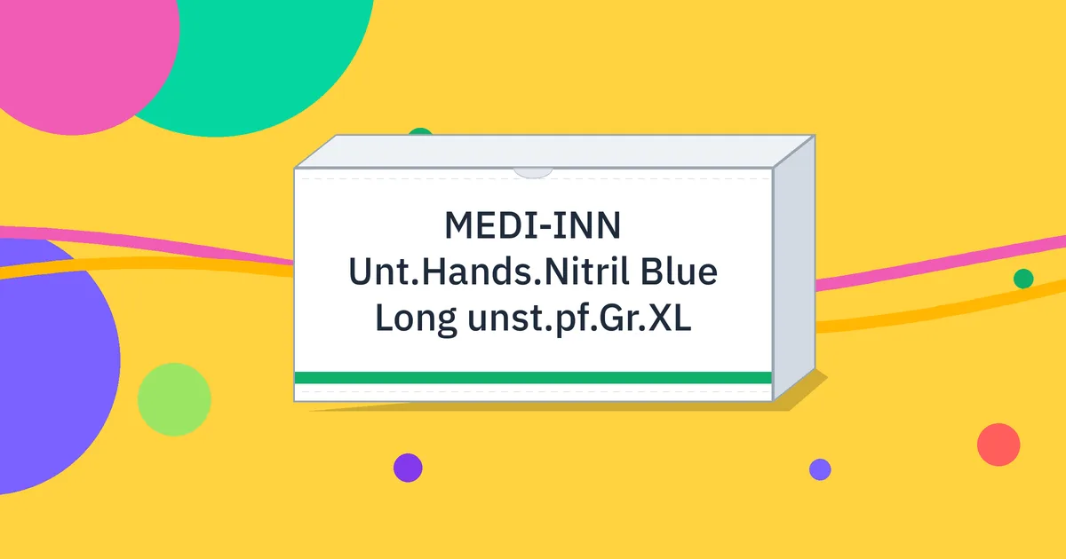 Symbolbild: Packung mit der Aufschrift MEDI-INN Unt.Hands.Nitril Blue Long unst.pf.Gr.XL (PZN 10535280) – Verfügbarkeit und Bezug in Apotheken in Frankfurt am Main