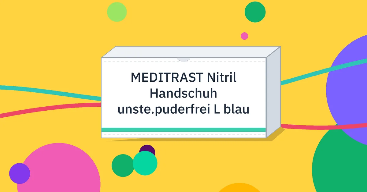 Symbolbild: Packung mit der Aufschrift MEDITRAST Nitril Handschuh unste.puderfrei L blau (PZN 13511009) – Verfügbarkeit und Bezug in Apotheken in Frankfurt am Main