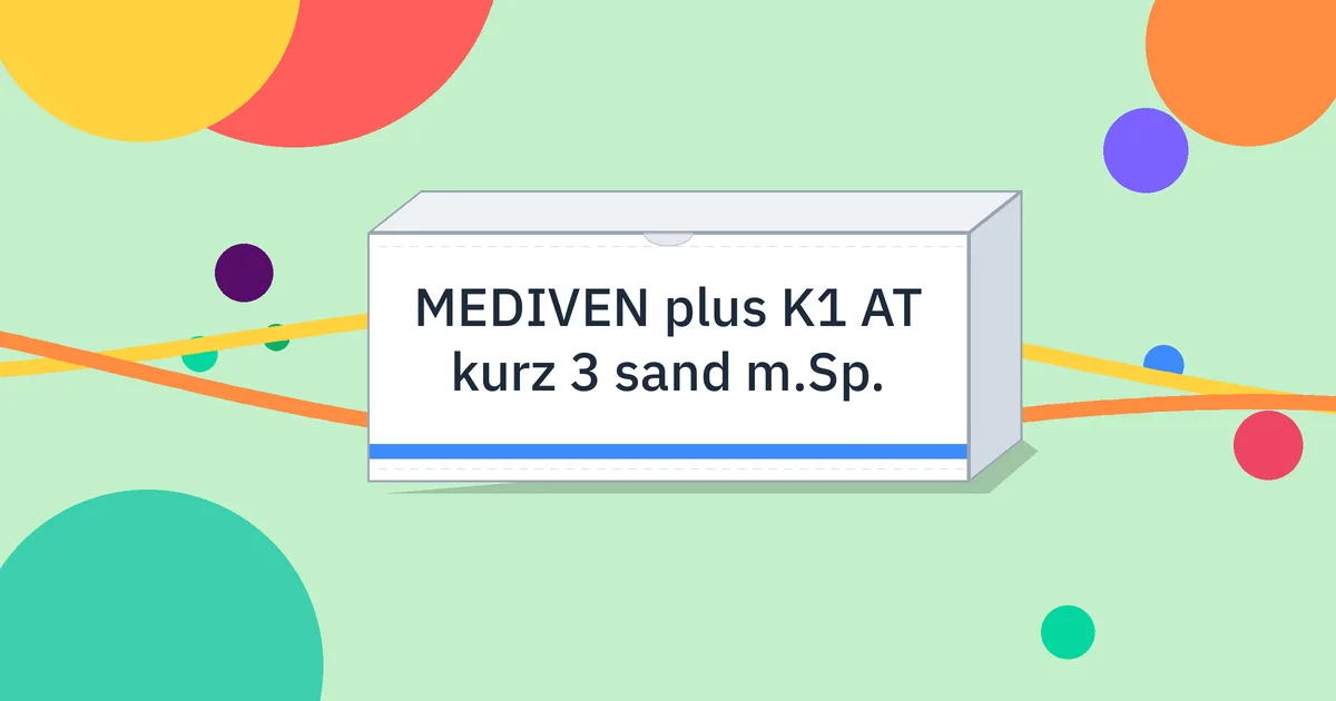 Symbolbild: Packung mit der Aufschrift MEDIVEN plus K1 AT kurz 3 sand m.Sp. (PZN 18932112) – Verfügbarkeit und Bezug in Apotheken in Frankfurt am Main