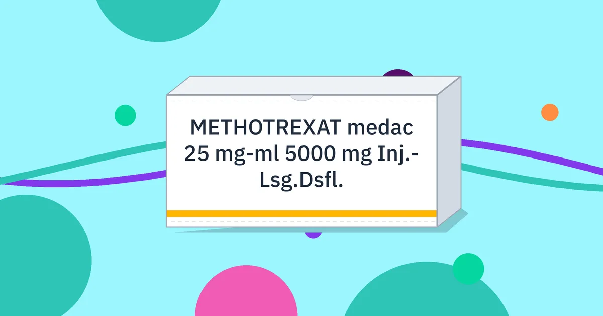 Symbolbild: Packung mit der Aufschrift METHOTREXAT medac 25 mg-ml 5000 mg Inj.-Lsg.Dsfl. (PZN 11180962) – Verfügbarkeit und Bezug in Apotheken in Frankfurt am Main