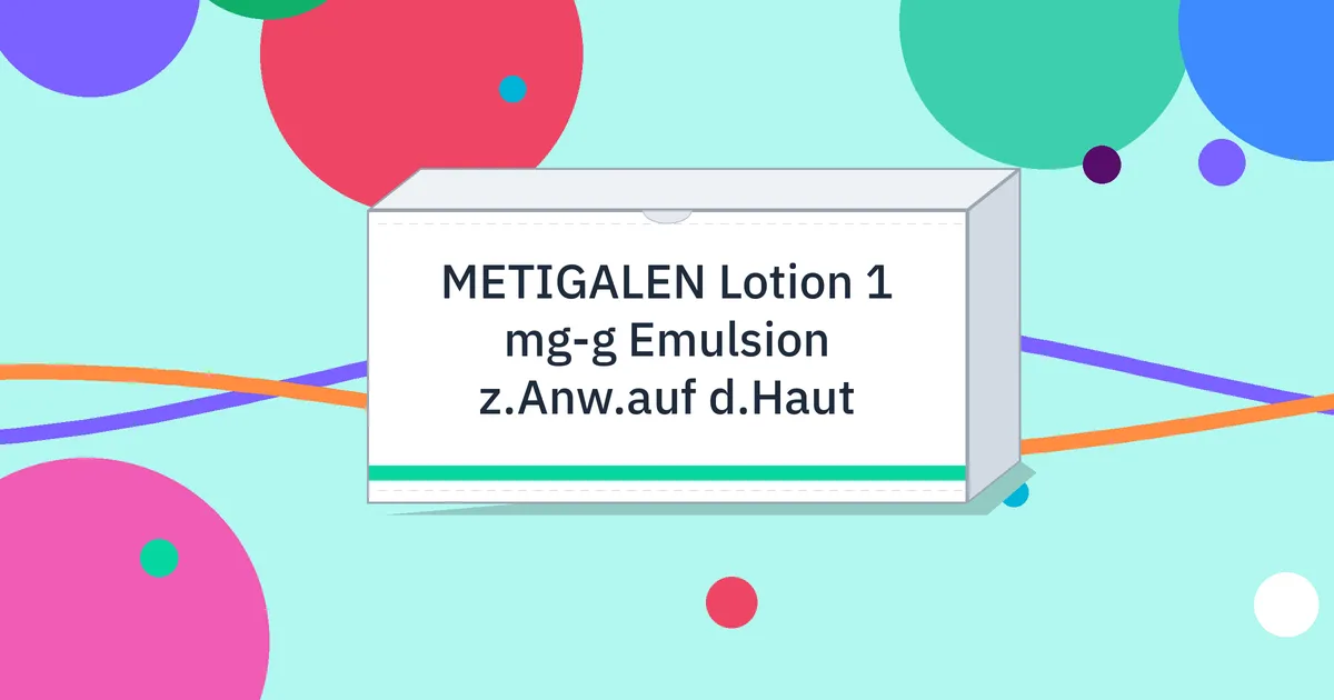 Symbolbild: Packung mit der Aufschrift METIGALEN Lotion 1 mg-g Emulsion z.Anw.auf d.Haut (PZN 16597649) – Verfügbarkeit und Bezug in Apotheken in Frankfurt am Main