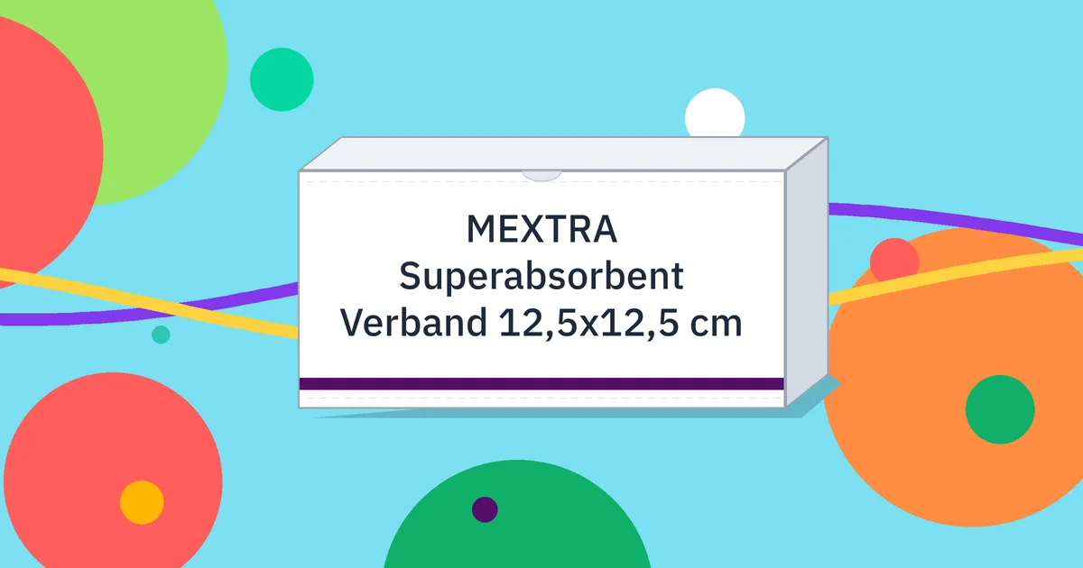 Symbolbild: Packung mit der Aufschrift MEXTRA Superabsorbent Verband 12,5x12,5 cm (PZN 14063636) – Verfügbarkeit und Bezug in Apotheken in Frankfurt am Main