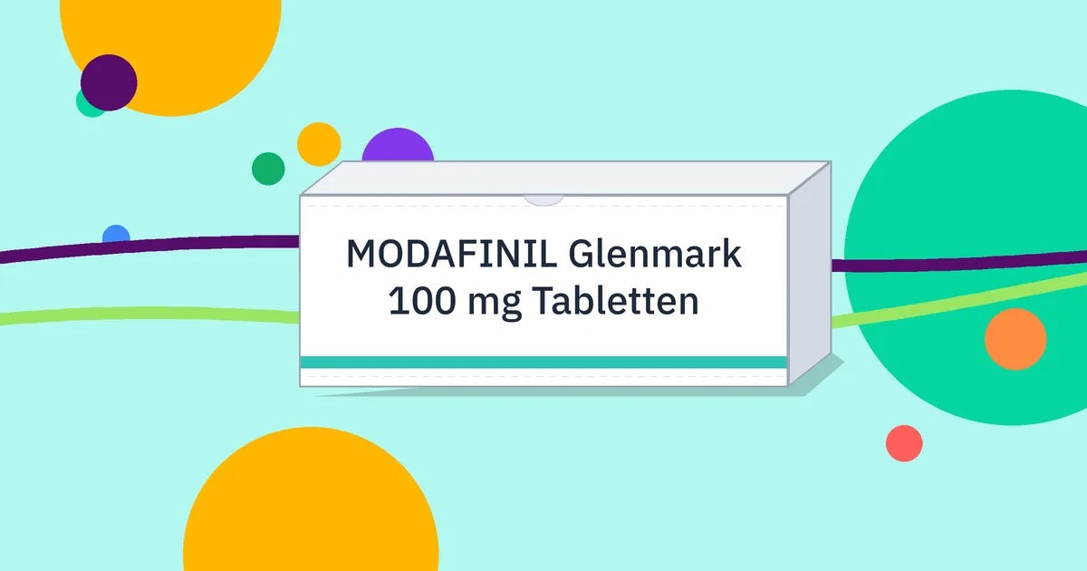 Symbolbild: Packung mit der Aufschrift MODAFINIL Glenmark 100 mg Tabletten (PZN 11323491) – Verfügbarkeit und Bezug in Apotheken in Frankfurt am Main