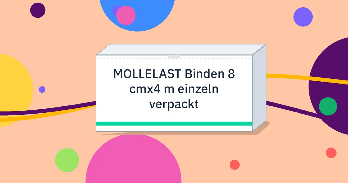 Symbolbild: Packung mit der Aufschrift MOLLELAST Binden 8 cmx4 m einzeln verpackt (PZN 18658591) – Verfügbarkeit und Bezug in Apotheken in Frankfurt am Main