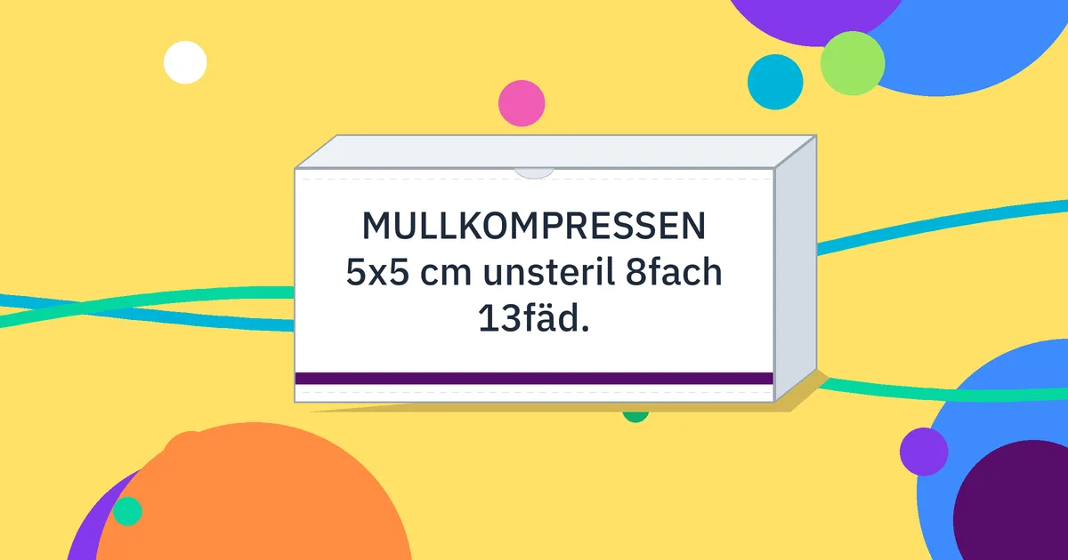 Symbolbild: Packung mit der Aufschrift MULLKOMPRESSEN 5x5 cm unsteril 8fach 13fäd. (PZN 06928312) – Verfügbarkeit und Bezug in Apotheken in Frankfurt am Main