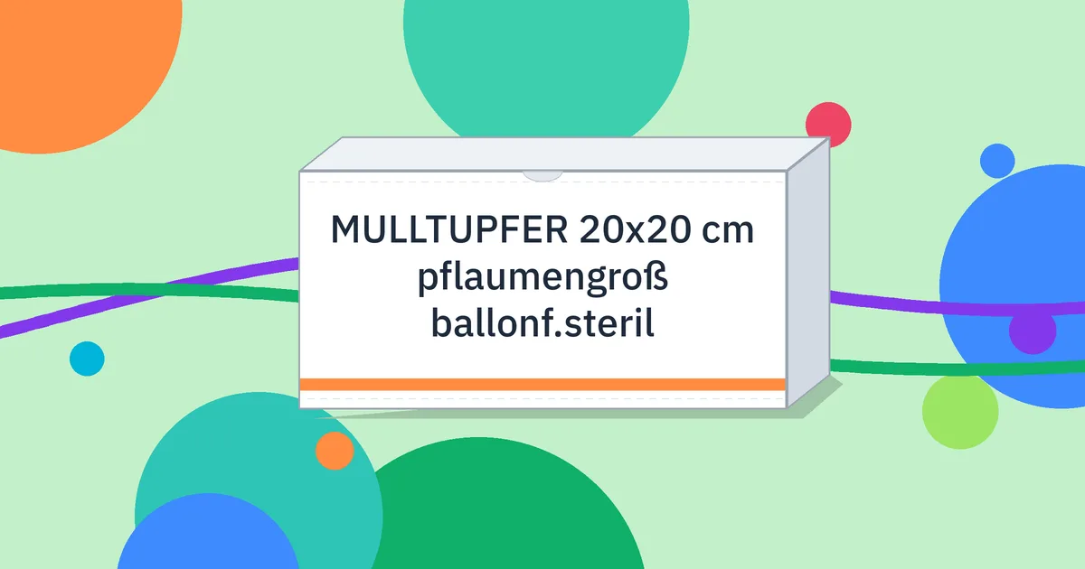 Symbolbild: Packung mit der Aufschrift MULLTUPFER 20x20 cm pflaumengroß ballonf.steril (PZN 14266960) – Verfügbarkeit und Bezug in Apotheken in Frankfurt am Main
