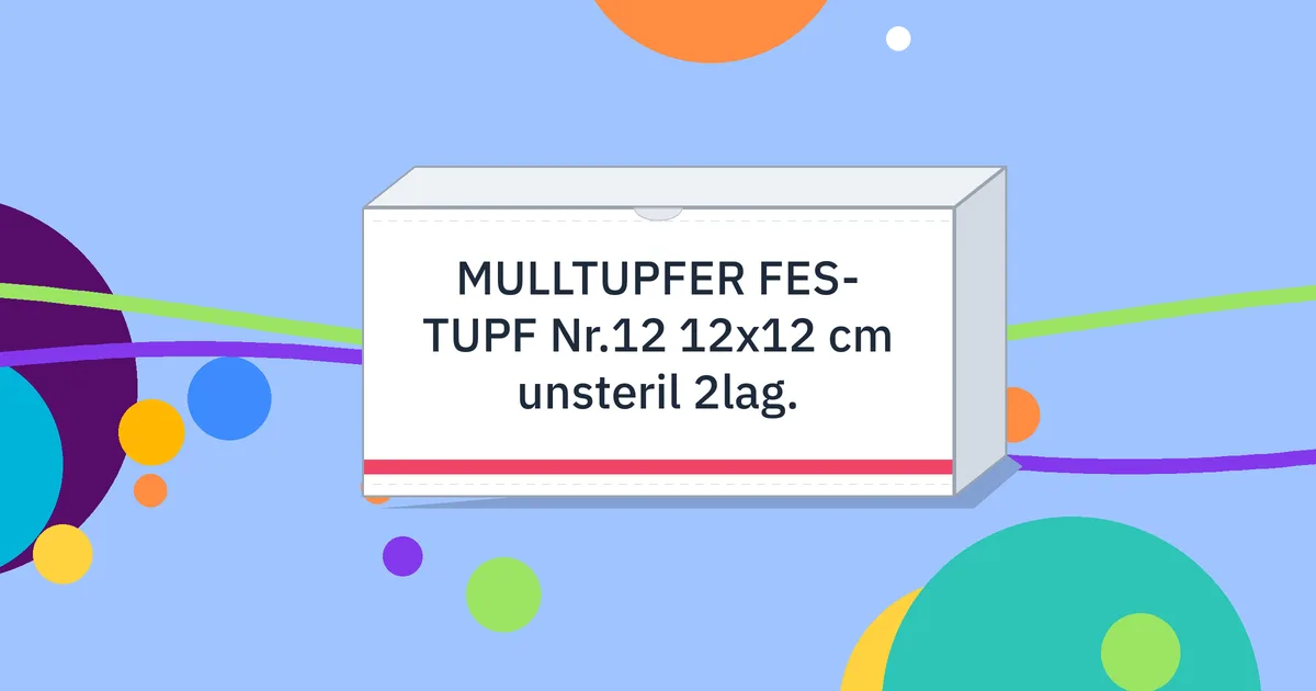 Symbolbild: Packung mit der Aufschrift MULLTUPFER FES-TUPF Nr.12 12x12 cm unsteril 2lag. (PZN 04050650) – Verfügbarkeit und Bezug in Apotheken in Frankfurt am Main