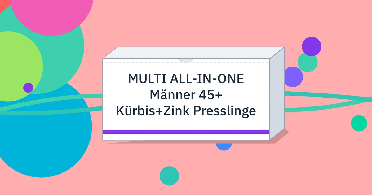 Symbolbild: Packung mit der Aufschrift MULTI ALL-IN-ONE Männer 45+ Kürbis+Zink Presslinge (PZN 19438259) – Verfügbarkeit und Bezug in Apotheken in Frankfurt am Main