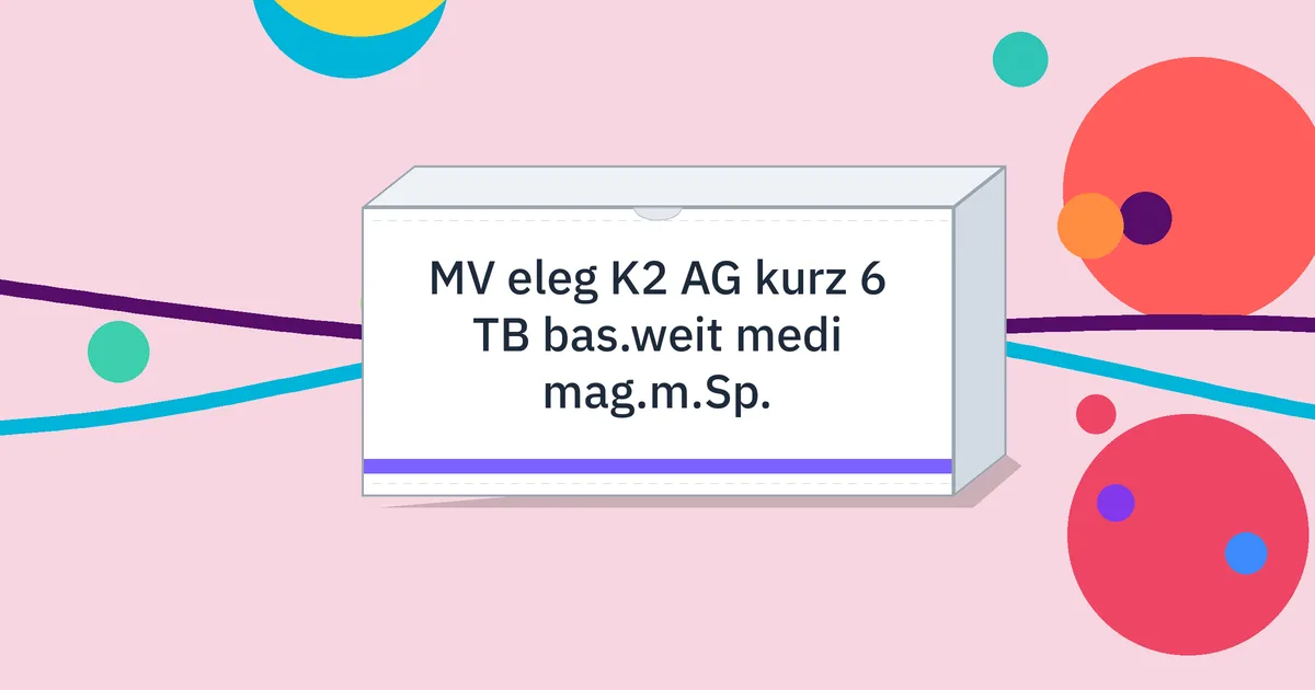 Symbolbild: Packung mit der Aufschrift MV eleg K2 AG kurz 6 TB bas.weit medi mag.m.Sp. (PZN 14638485) – Verfügbarkeit und Bezug in Apotheken in Frankfurt am Main