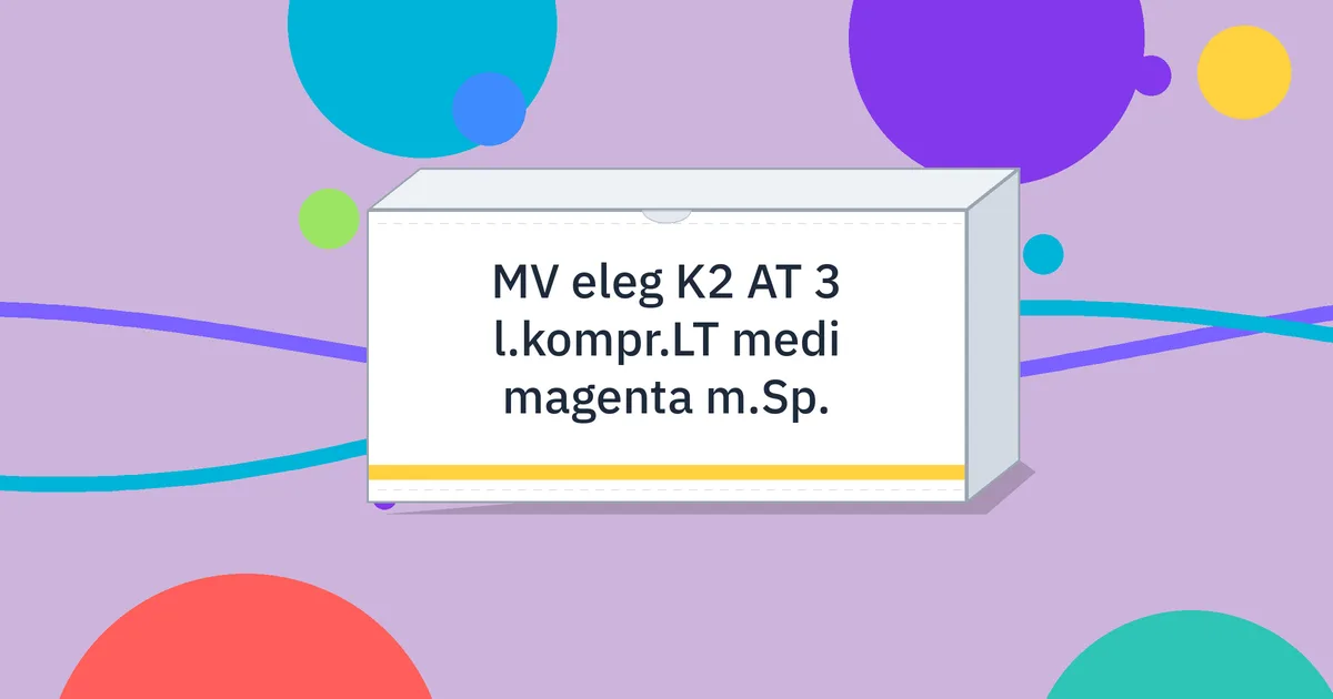 Symbolbild: Packung mit der Aufschrift MV eleg K2 AT 3 l.kompr.LT medi magenta m.Sp. (PZN 15285617) – Verfügbarkeit und Bezug in Apotheken in Frankfurt am Main