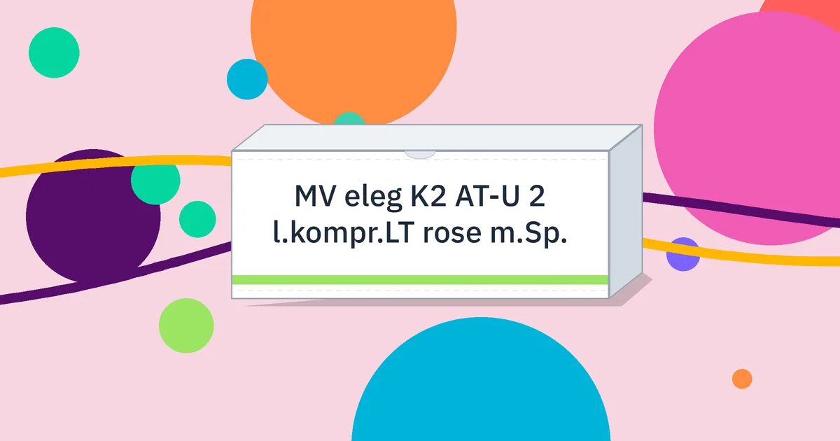 Symbolbild: Packung mit der Aufschrift MV eleg K2 AT-U 2 l.kompr.LT rose m.Sp. (PZN 15290185) – Verfügbarkeit und Bezug in Apotheken in Frankfurt am Main
