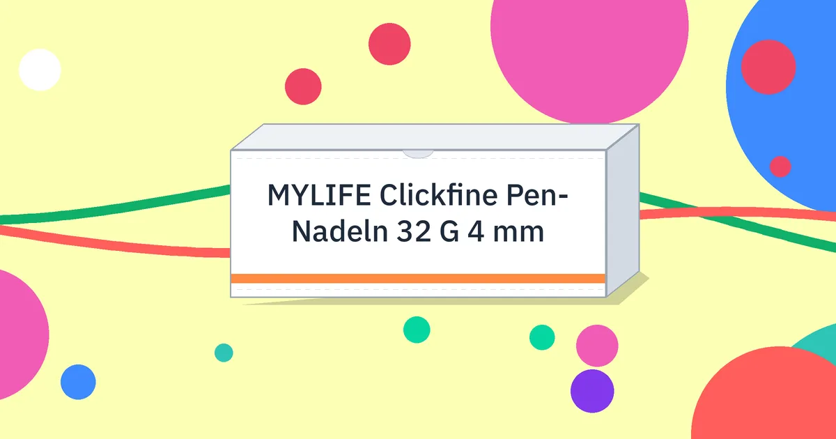 Symbolbild: Packung mit der Aufschrift MYLIFE Clickfine Pen-Nadeln 32 G 4 mm (PZN 14216175) – Verfügbarkeit und Bezug in Apotheken in Frankfurt am Main