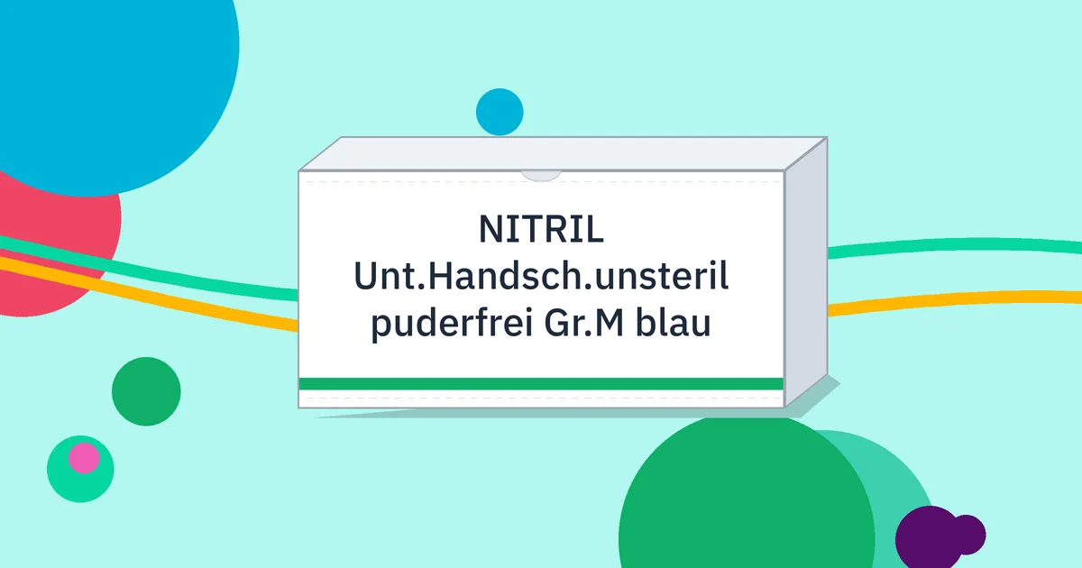 Symbolbild: Packung mit der Aufschrift NITRIL Unt.Handsch.unsteril puderfrei Gr.M blau (PZN 13350977) – Verfügbarkeit und Bezug in Apotheken in Frankfurt am Main