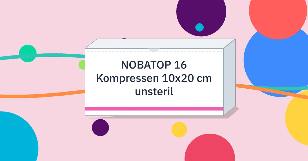 Symbolbild: Packung mit der Aufschrift NOBATOP 16 Kompressen 10x20 cm unsteril (PZN 16259728) – Verfügbarkeit und Bezug in Apotheken in Frankfurt am Main