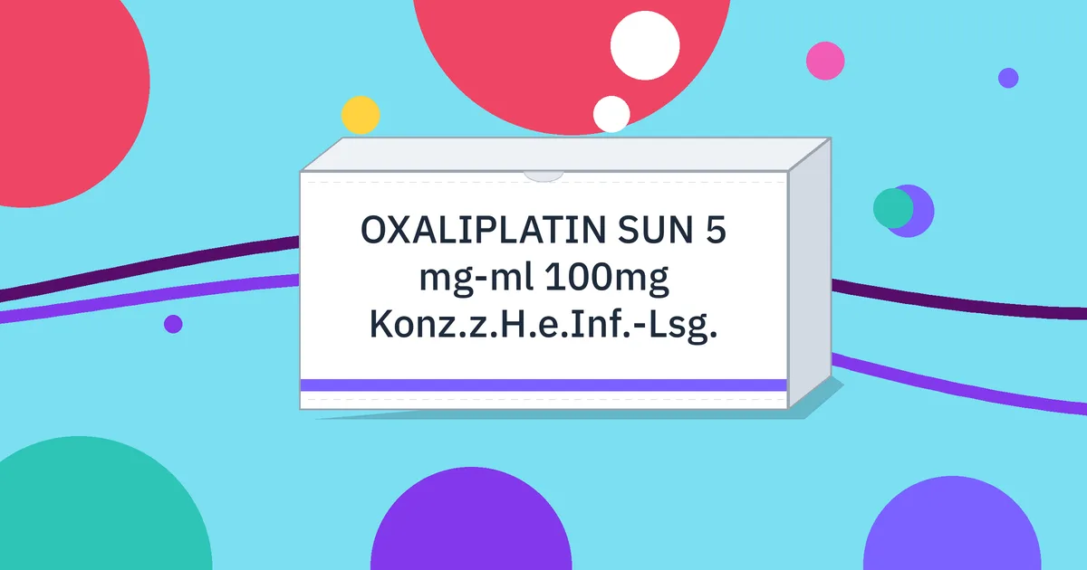 Symbolbild: Packung mit der Aufschrift OXALIPLATIN SUN 5 mg-ml 100mg Konz.z.H.e.Inf.-Lsg. (PZN 09298308) – Verfügbarkeit und Bezug in Apotheken in Frankfurt am Main