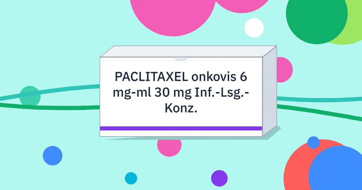 Symbolbild: Packung mit der Aufschrift PACLITAXEL onkovis 6 mg-ml 30 mg Inf.-Lsg.-Konz. (PZN 05104767) – Verfügbarkeit und Bezug in Apotheken in Frankfurt am Main