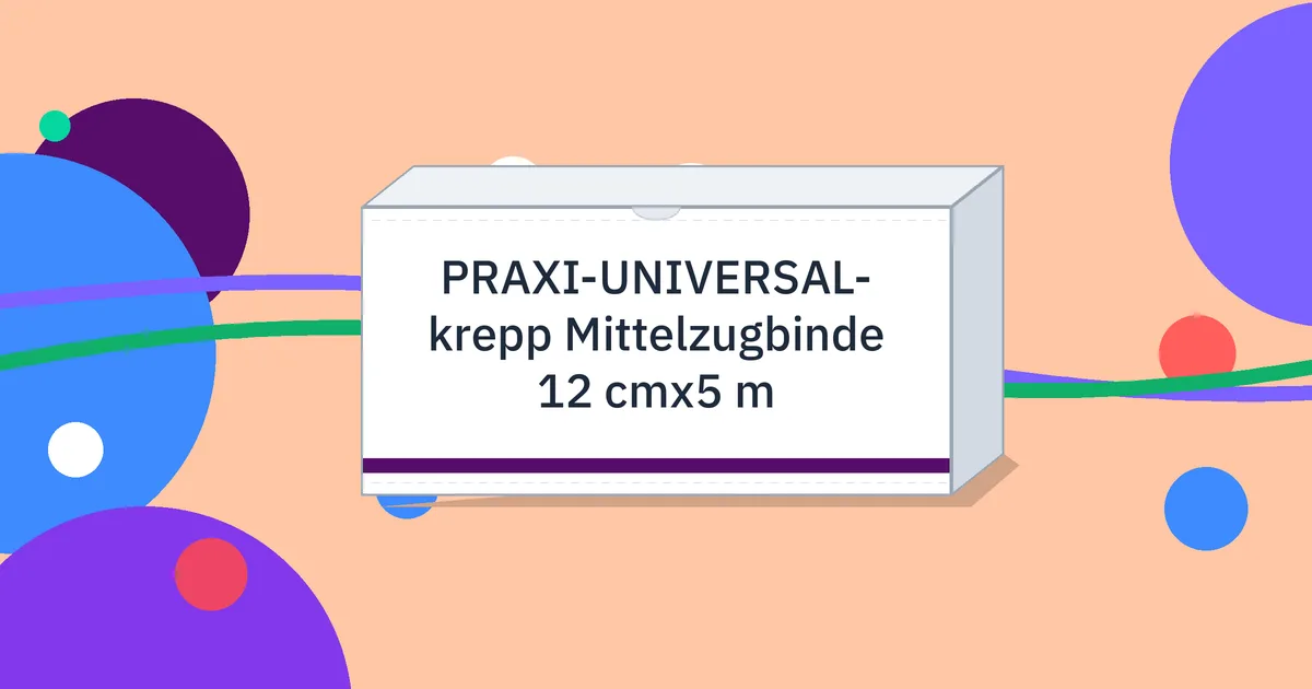 Symbolbild: Packung mit der Aufschrift PRAXI-UNIVERSAL-krepp Mittelzugbinde 12 cmx5 m (PZN 12828218) – Verfügbarkeit und Bezug in Apotheken in Frankfurt am Main