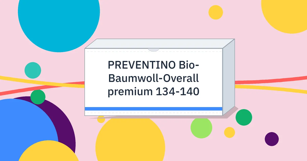 Symbolbild: Packung mit der Aufschrift PREVENTINO Bio-Baumwoll-Overall premium 134-140 (PZN 16895878) – Verfügbarkeit und Bezug in Apotheken in Frankfurt am Main