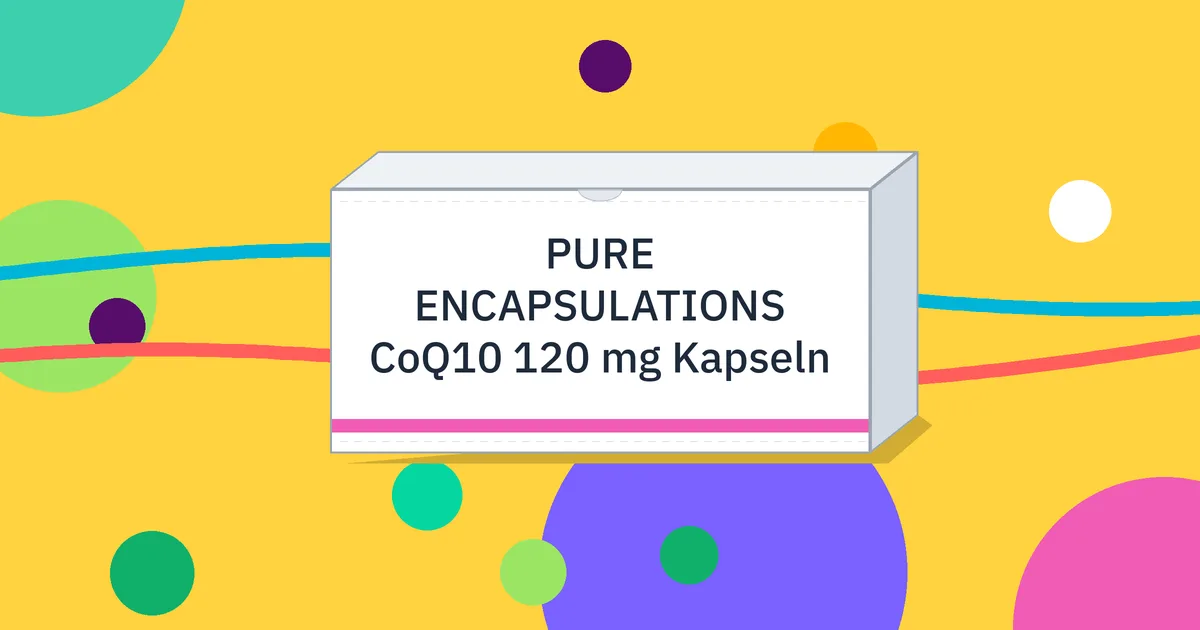 Symbolbild: Packung mit der Aufschrift PURE ENCAPSULATIONS CoQ10 120 mg Kapseln (PZN 05134892) – Verfügbarkeit und Bezug in Apotheken in Frankfurt am Main