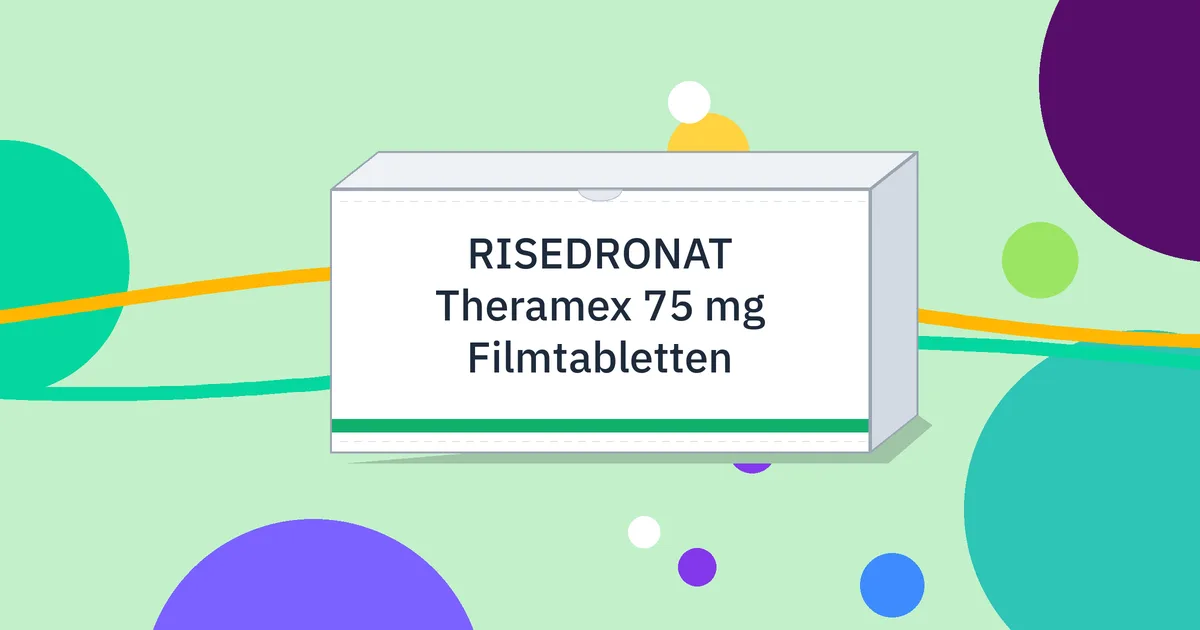 Symbolbild: Packung mit der Aufschrift RISEDRONAT Theramex 75 mg Filmtabletten (PZN 18117010) – Verfügbarkeit und Bezug in Apotheken in Frankfurt am Main