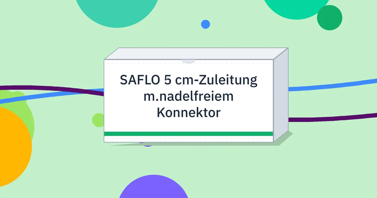 Symbolbild: Packung mit der Aufschrift SAFLO 5 cm-Zuleitung m.nadelfreiem Konnektor (PZN 13346071) – Verfügbarkeit und Bezug in Apotheken in Frankfurt am Main