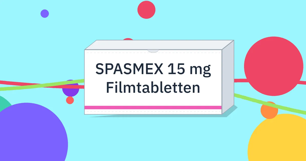 Symbolbild: Packung mit der Aufschrift SPASMEX 15 mg Filmtabletten (PZN 18444306) – Verfügbarkeit und Bezug in Apotheken in Frankfurt am Main