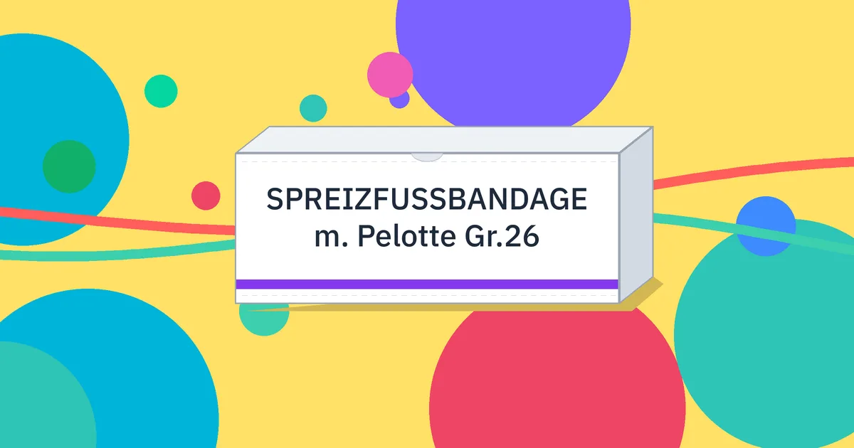 Symbolbild: Packung mit der Aufschrift SPREIZFUSSBANDAGE m. Pelotte Gr.26 (PZN 01736619) – Verfügbarkeit und Bezug in Apotheken in Frankfurt am Main