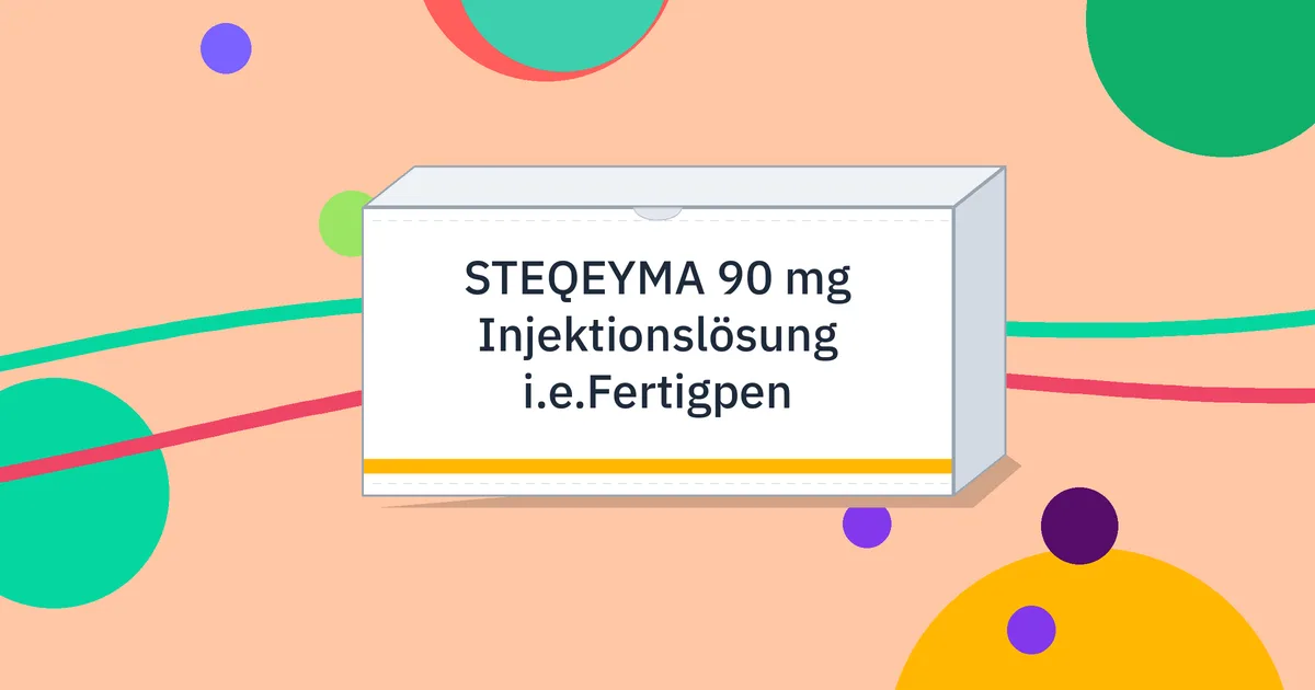 Symbolbild: Packung mit der Aufschrift STEQEYMA 90 mg Injektionslösung i.e.Fertigpen (PZN 19175222) – Verfügbarkeit und Bezug in Apotheken in Frankfurt am Main
